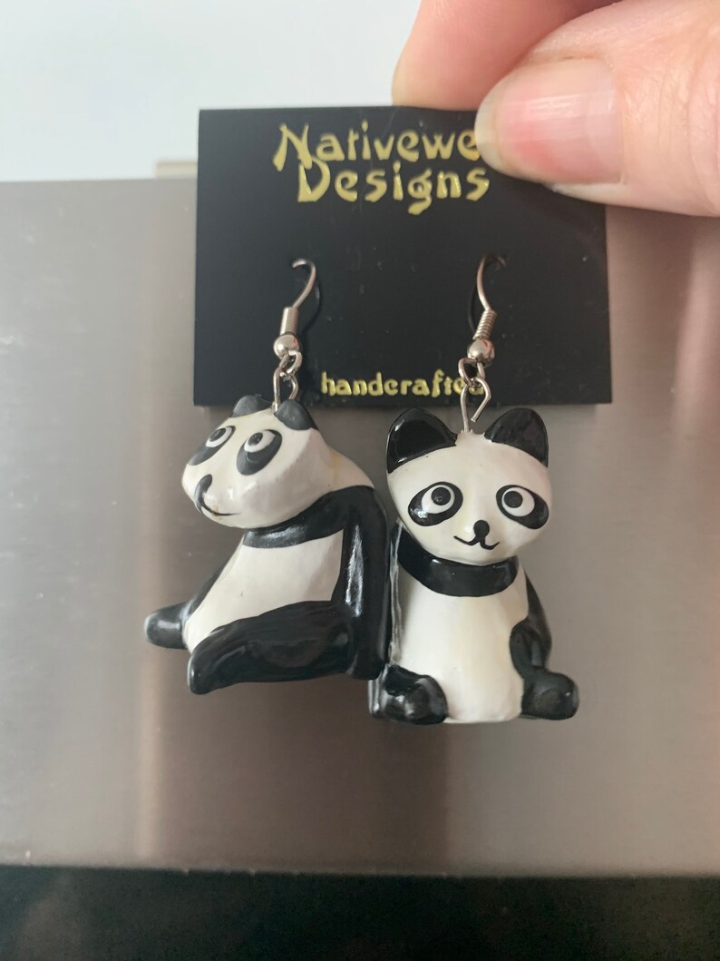 Vintage Panda Bear Dangle Earrings Artisan Hand Painted - Etsy