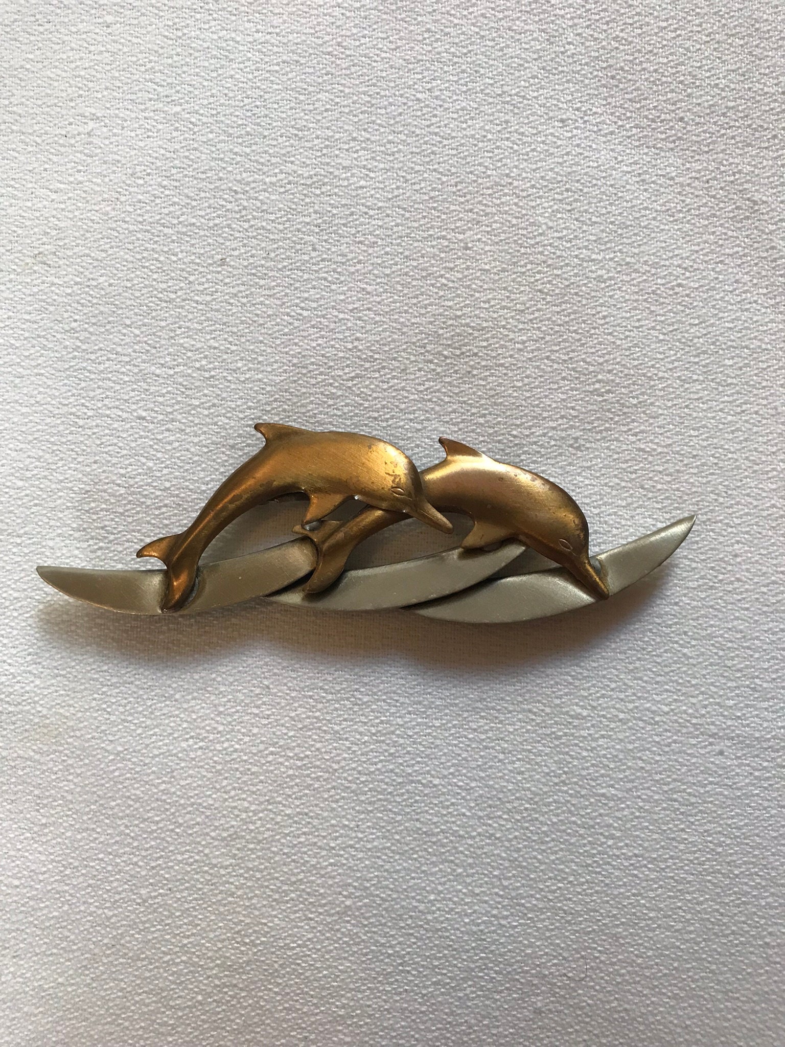 Auspicious Mid Century Double Dolphin Brooch, two tone dolphins jumping ...