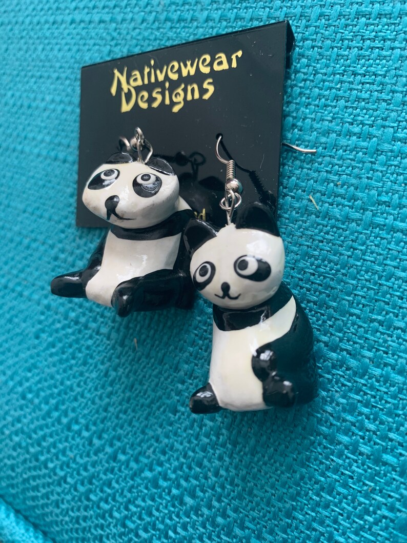 Vintage Panda Bear Dangle Earrings Artisan Hand Painted - Etsy