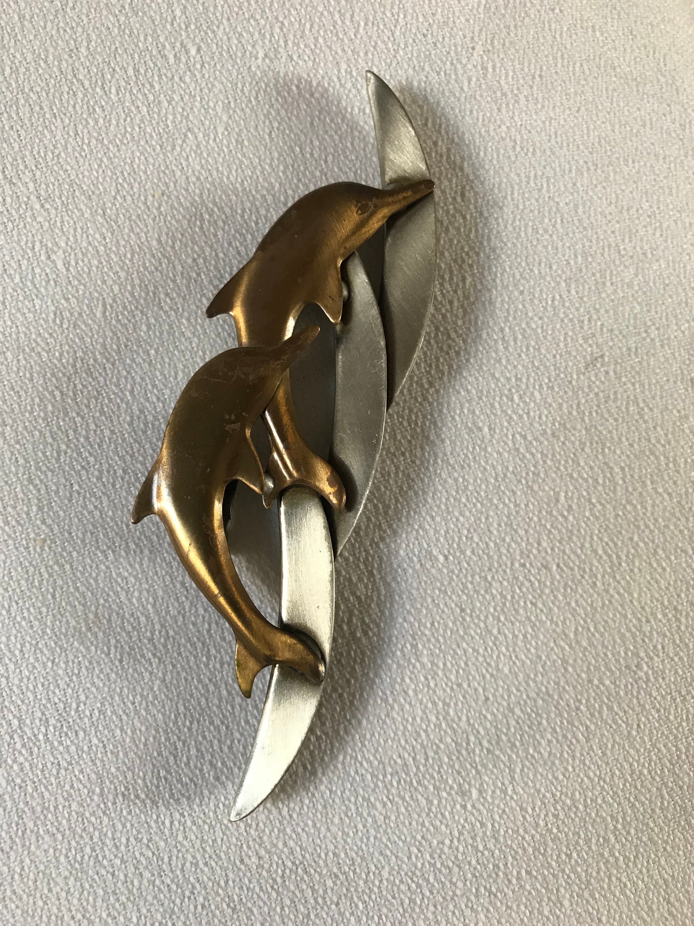 Auspicious Mid Century Double Dolphin Brooch, two tone dolphins jumping ...