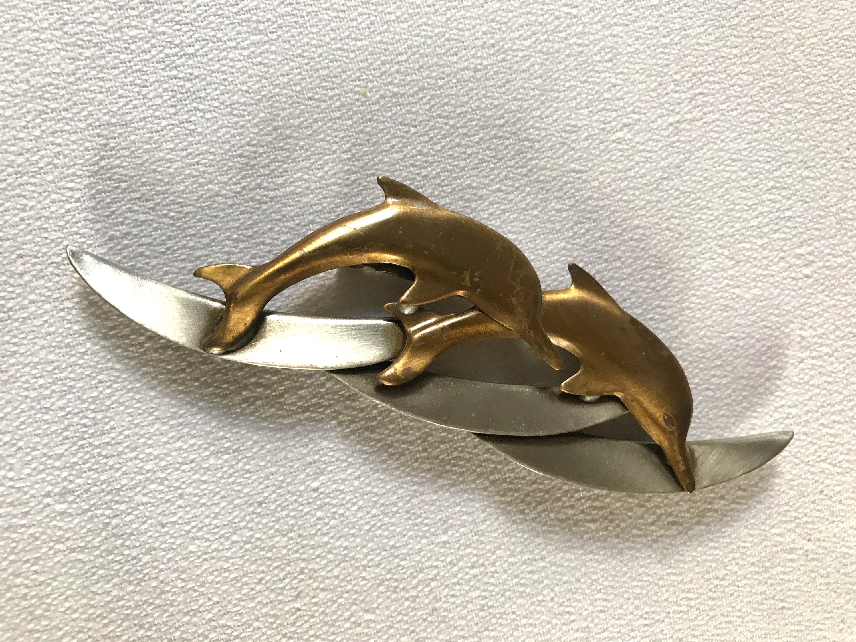 Auspicious Mid Century Double Dolphin Brooch, two tone dolphins jumping ...