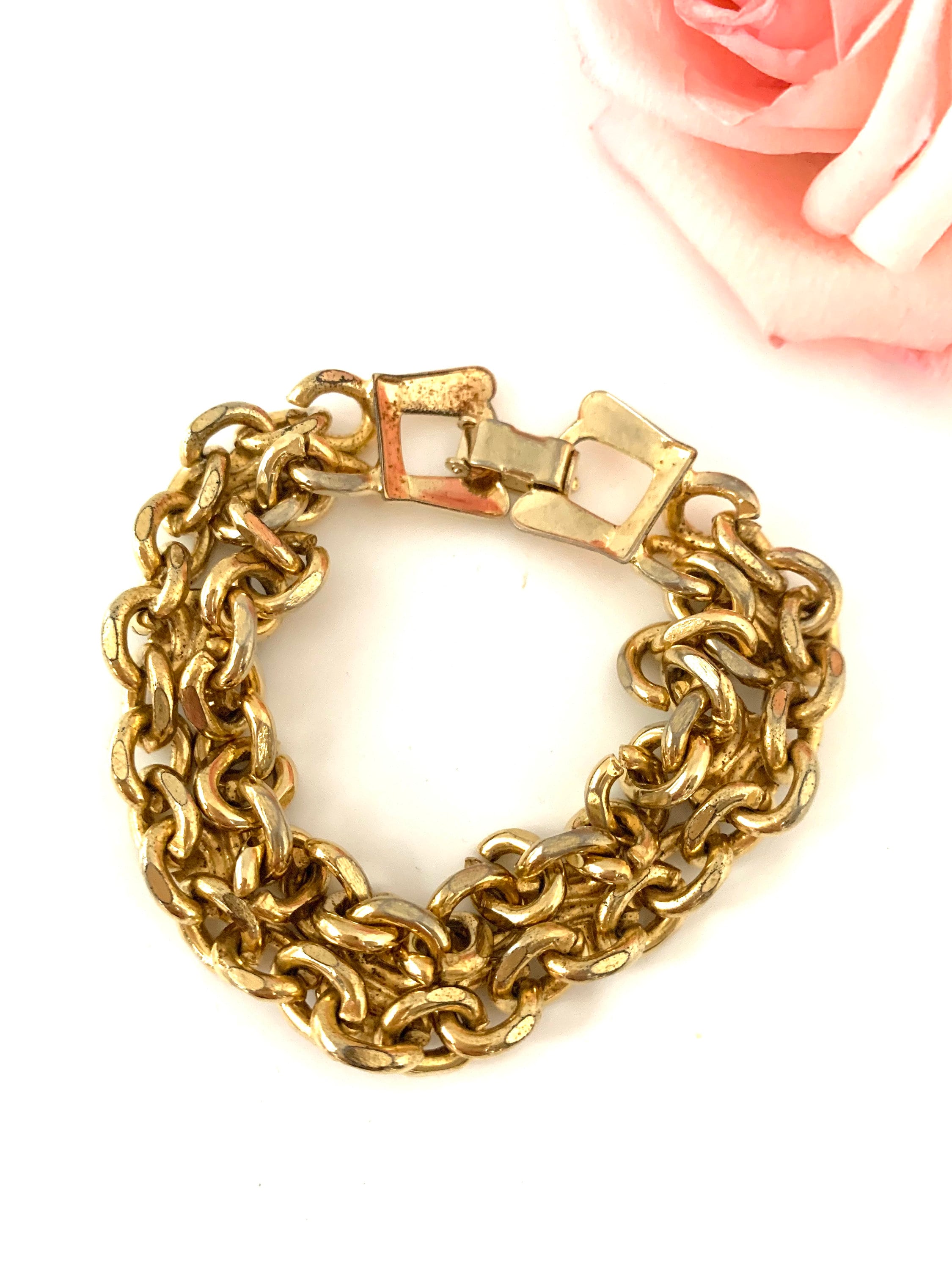 Chunky Mid Century Golden Hearts Chain Link Bracelet with Toffee ...