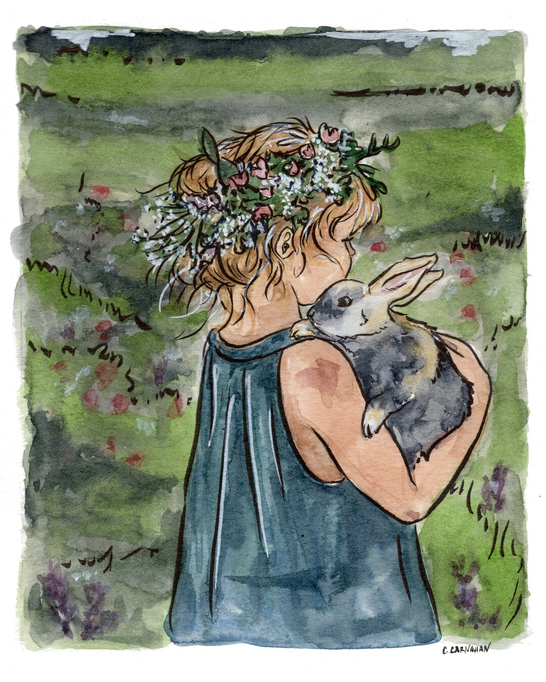 Watercolor Girl With Bunny and Flower Crown Digital File Download ...