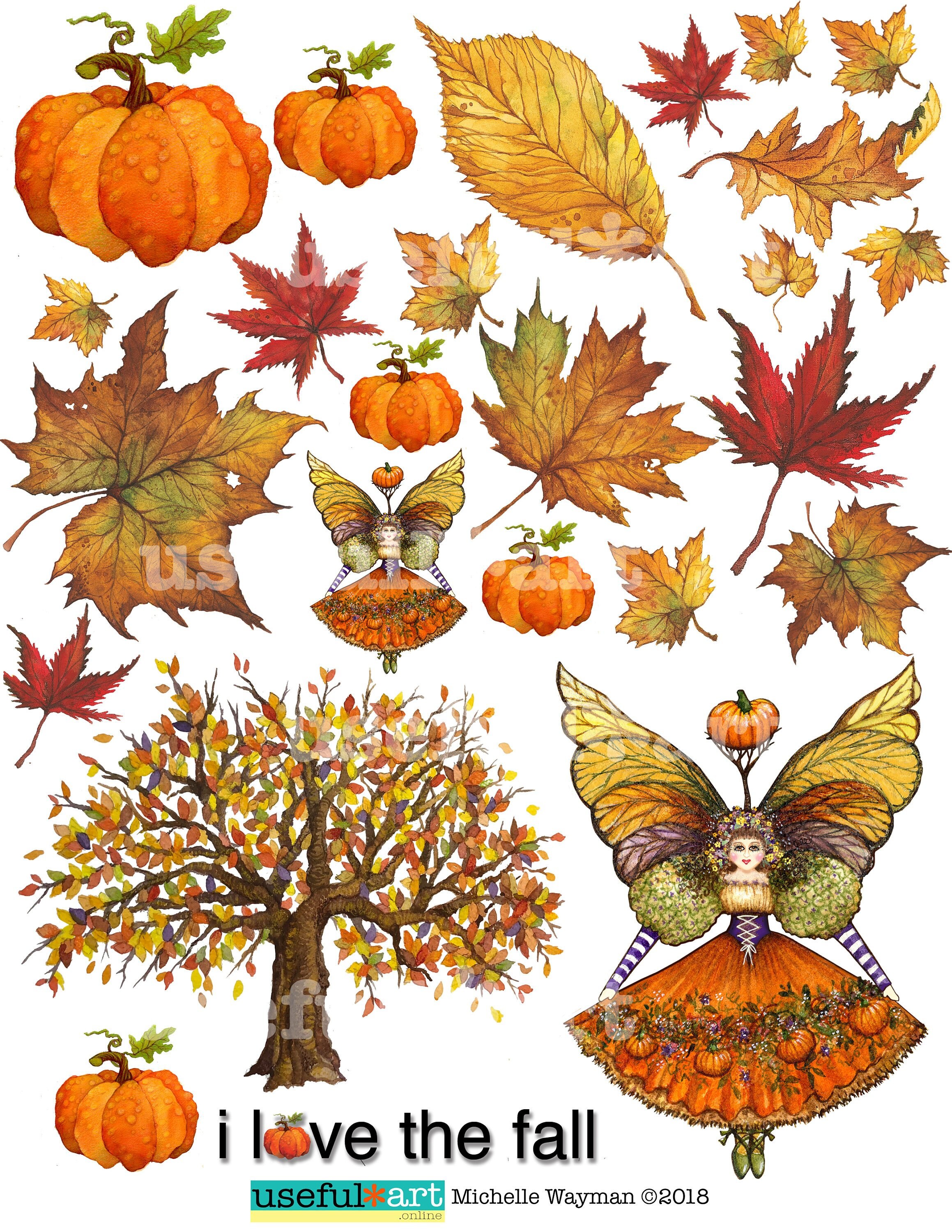 Fall Leaves, Fairy, Tree & Pumpkin Clipart for Cardmaking, Home-decor ...