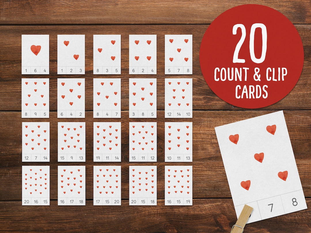 Tarjetas de conteo y clip de corazones, actividad de San Valentín ...
