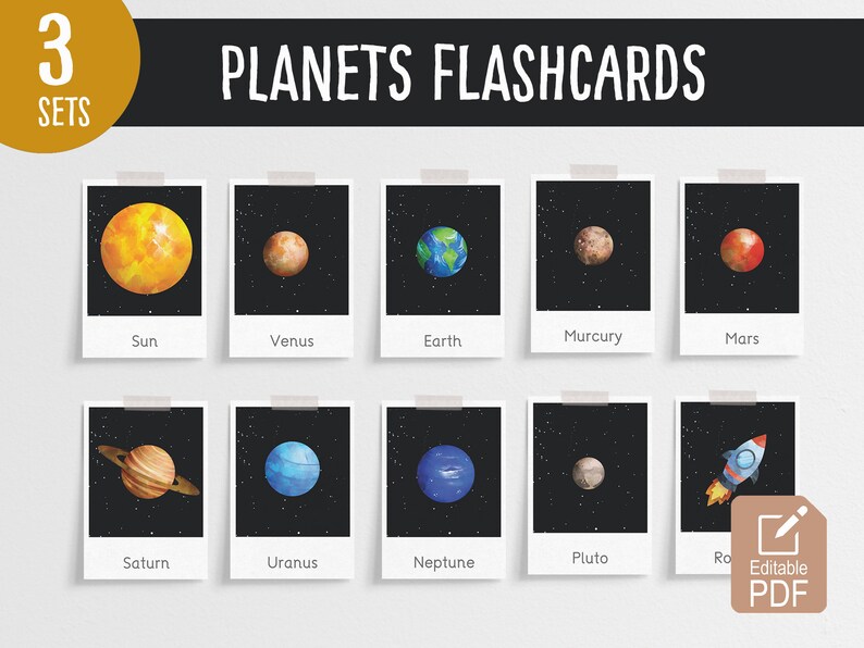 Planets Cards, Solar System, Homeschool Flashcards, Preschool Activity ...