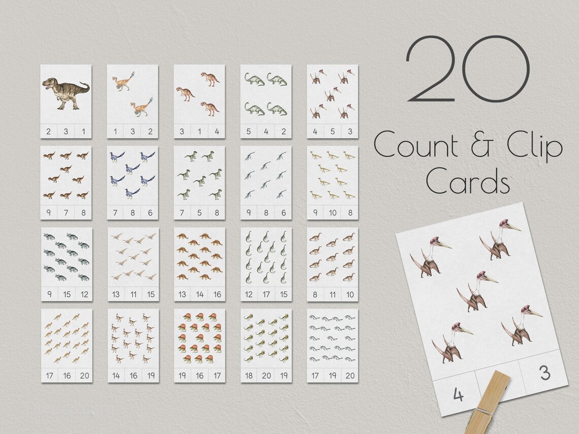 Dinosaur Count and Clip Number Cards Homeschool Printable | Etsy