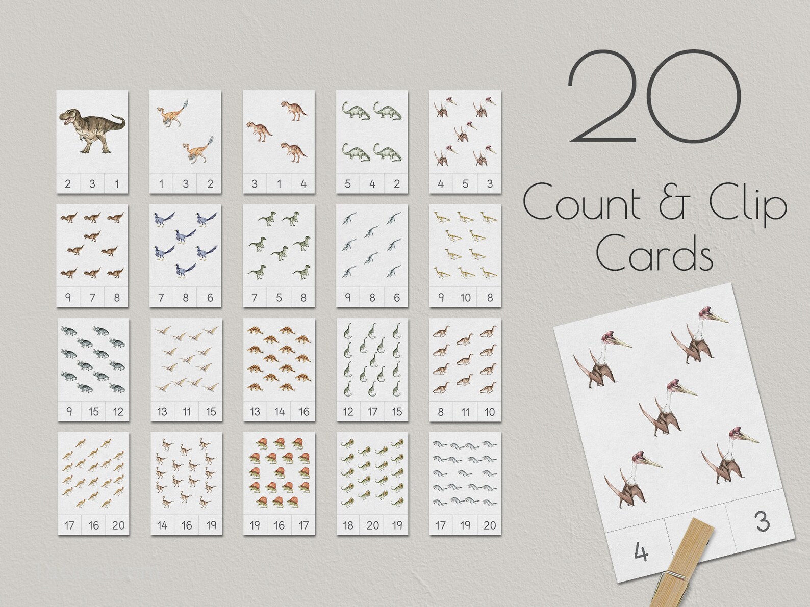 Dinosaur Count and Clip Number Cards Homeschool Printable - Etsy