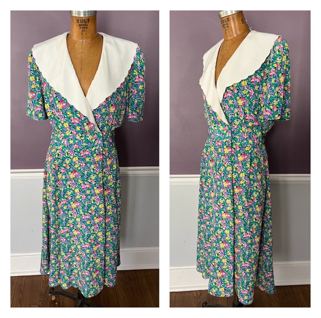 90s Floral Dress With Bertha Collar With POCKETS / 30s Style Vintage ...