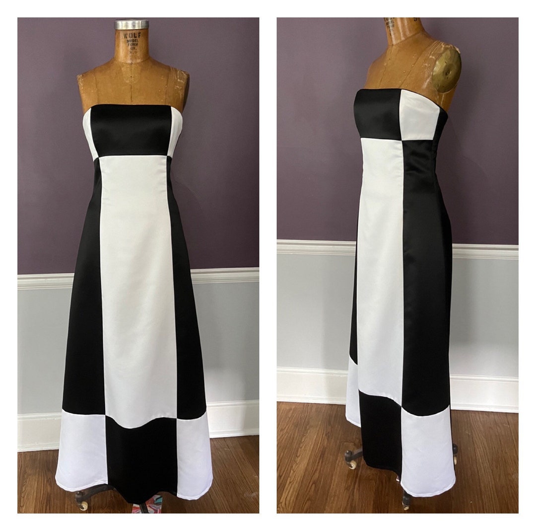 Sexy 90s Y2K Satin Color Block Strapless Maxi Prom Gown, Hourglass A ...