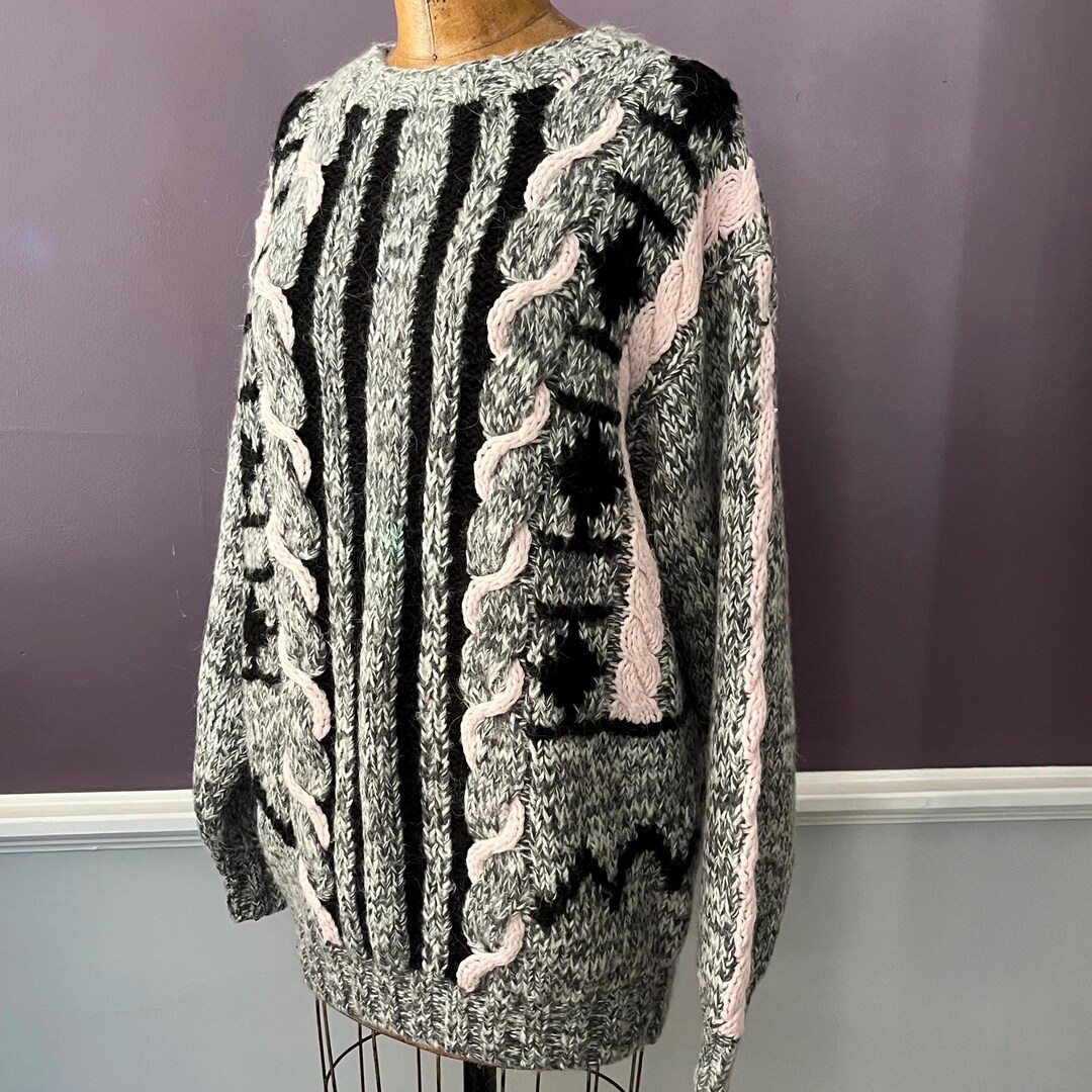 Sick 80s Oversized Sweater in Marled Grey, Black, Pink Cables, Dated ...