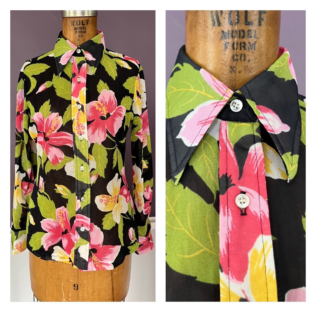 Groovy 70s Spearpoint Collar Womens Dress Shirt in Bright Hibiscus ...