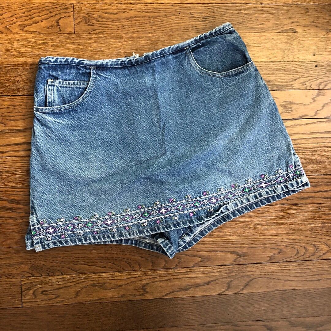 90s Denim Skort With Embroidered Hem - Etsy