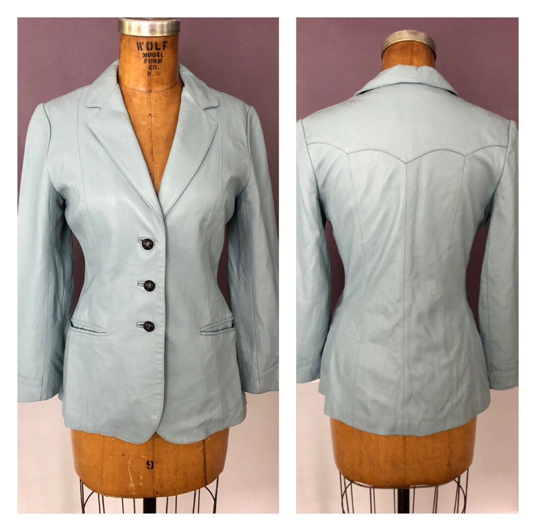 70s Leather Western Cut Powder Blue Blazer - Etsy