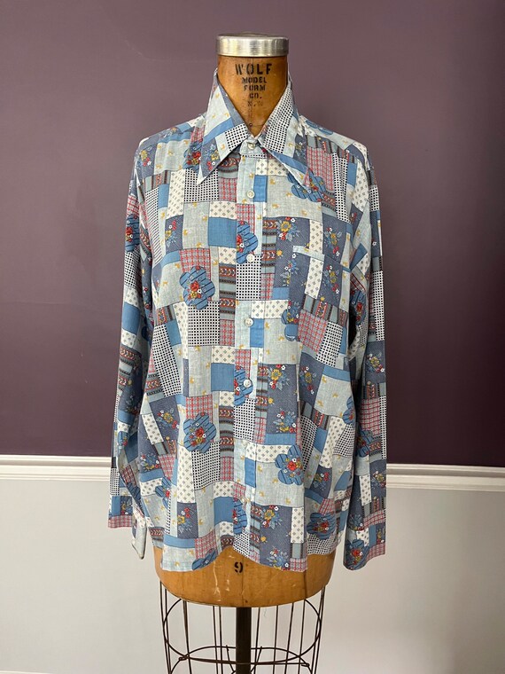 Sick 70s Patchwork Print Spearpoint Collar Men’s Shirt - Gem