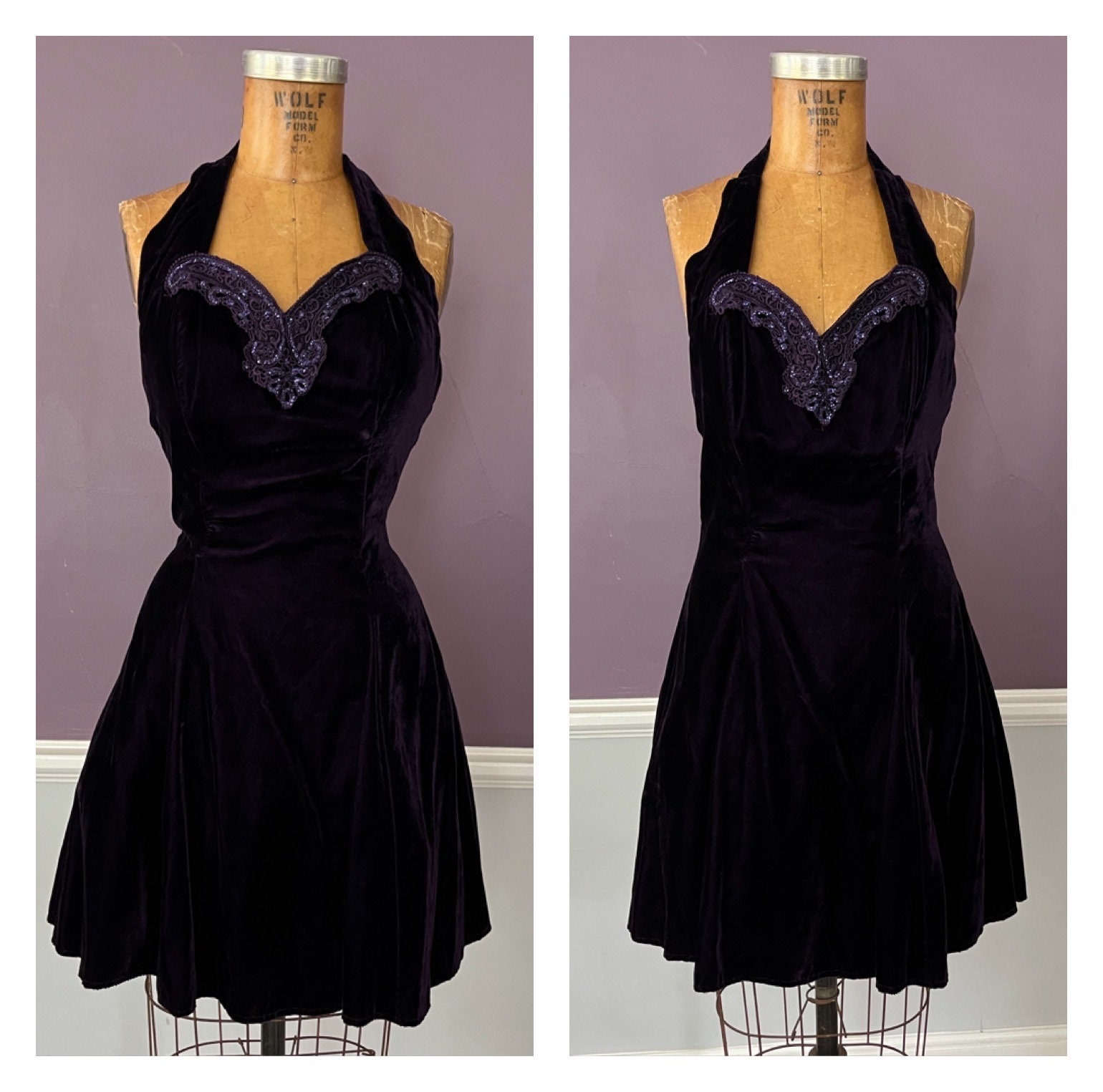 80s 90s Velvet Backless, Halter Cocktail Dress With Sequins and Tulle ...