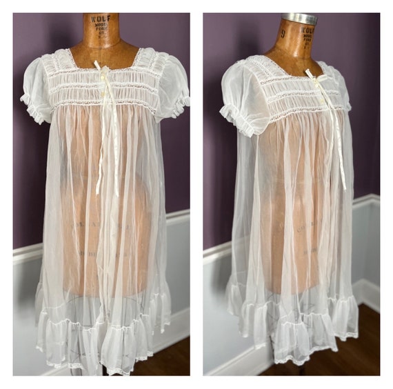 Sweet 60s Sheer Ruched Chiffon Peignoir, Vintage Dres… - Gem