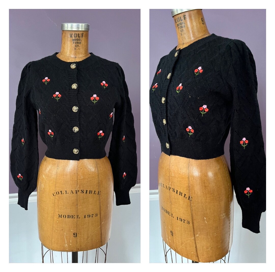 Sexy Cropped Bell Sleeve Floral Embroidered Pointelle Cardgian, Pin-up ...