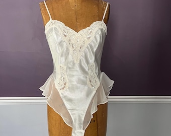 Vintage 80s Teddy Pink Lace Satin High Cut Lingerie Negligee Romper XS ...