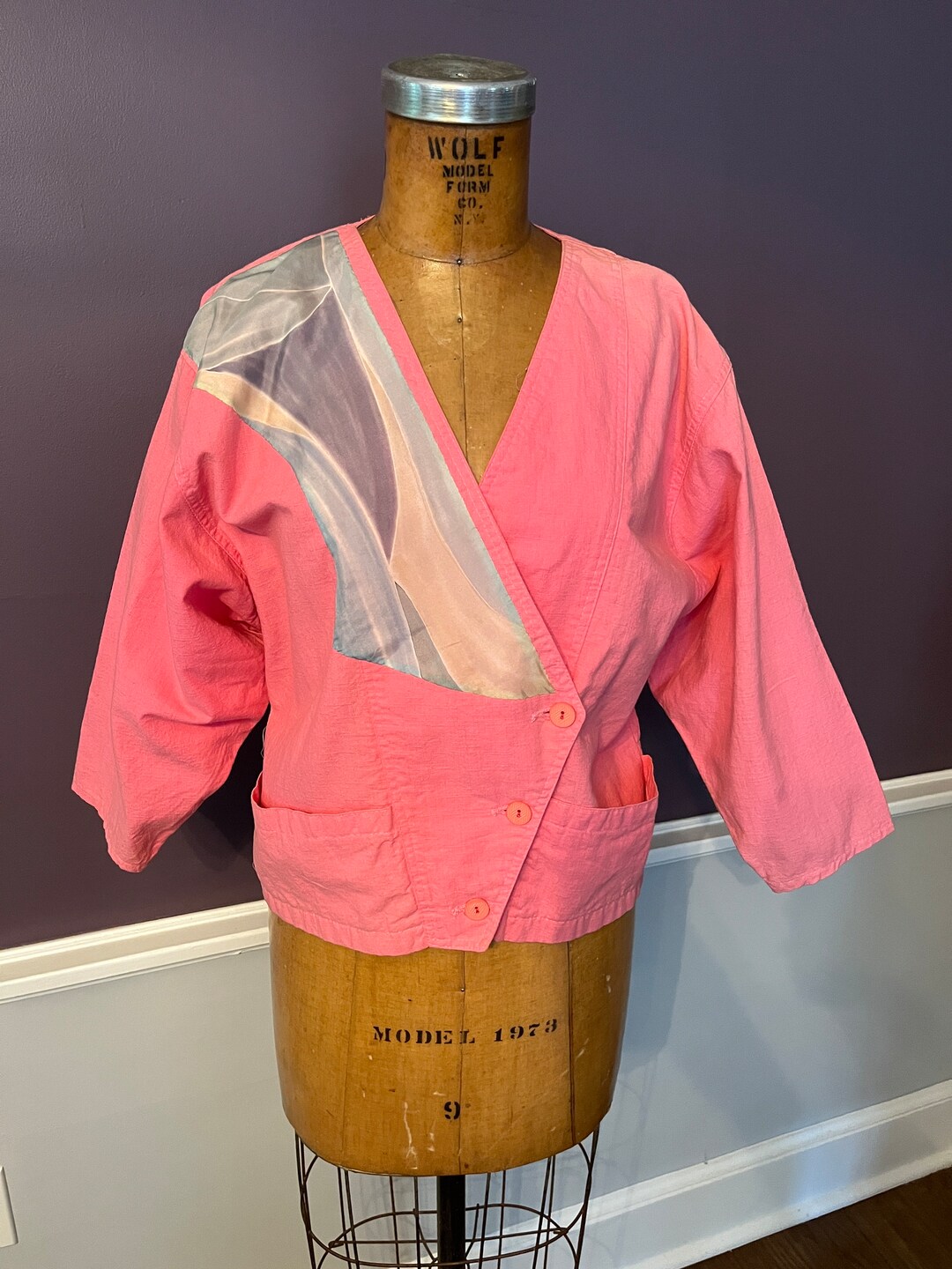80s New Wave Jacket in Linen With Hand Painted Silk Trim, Oversized New ...