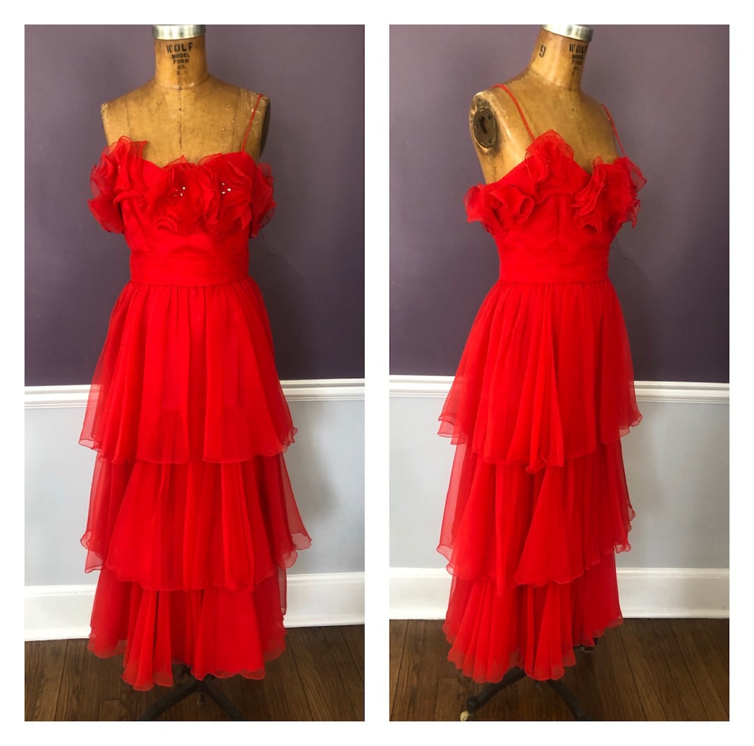Chic 70s Tiered Chiffon Maxi Formal Dress, Disco Era Prom Dress - Etsy