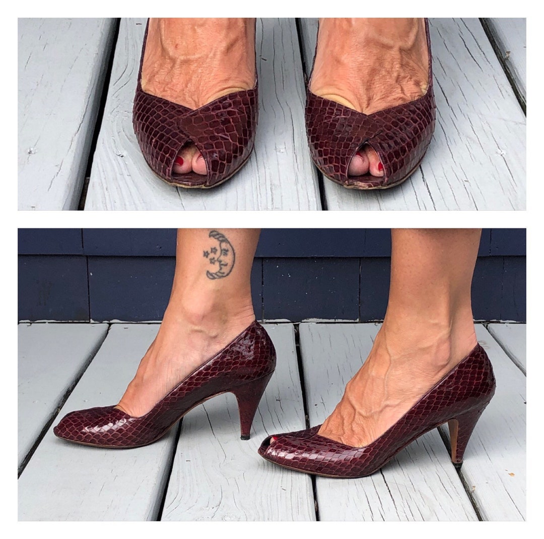 Plum Snakeskin Peep Toe Cone Heel Pumps 70s 80s Evan Picone - Etsy