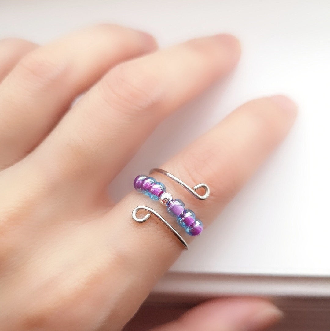 Adjustable Purple Anxiety Ring: Czech Bead Fidget Spinner. Anti Anxiety ...