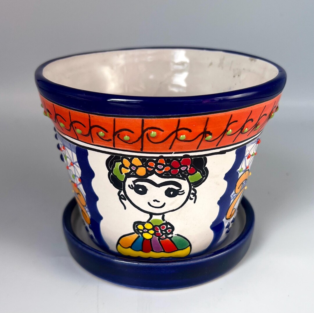 Colorful Talavera Frida Kahlo Flower Pot With Saucer, Hand Painted ...