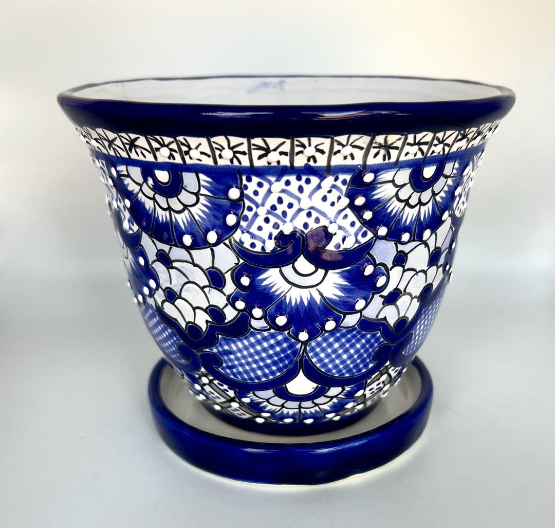 Talavera Flower Pot Blue and White Mexico Hand Painted Saucer Included ...