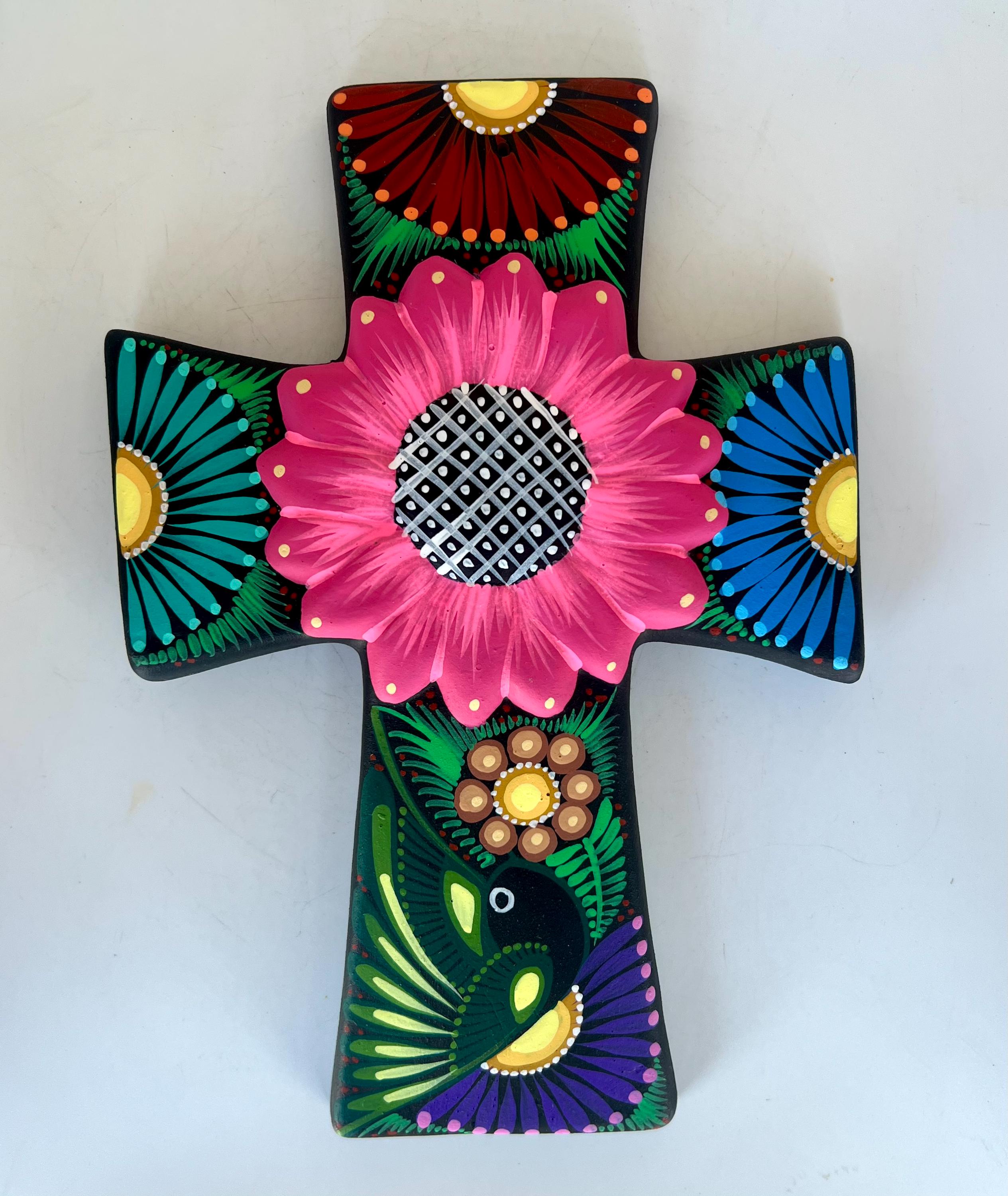Cross Hand Painted Mexico Bright Colors Clay Wall Decor - Mexican Cross ...