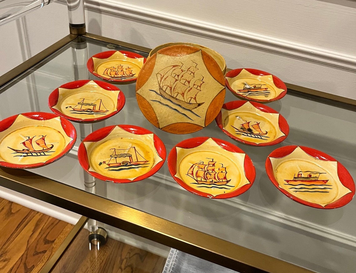 Vintage Sailing Ships Coaster Set in Round Box Jerywil Products - Etsy