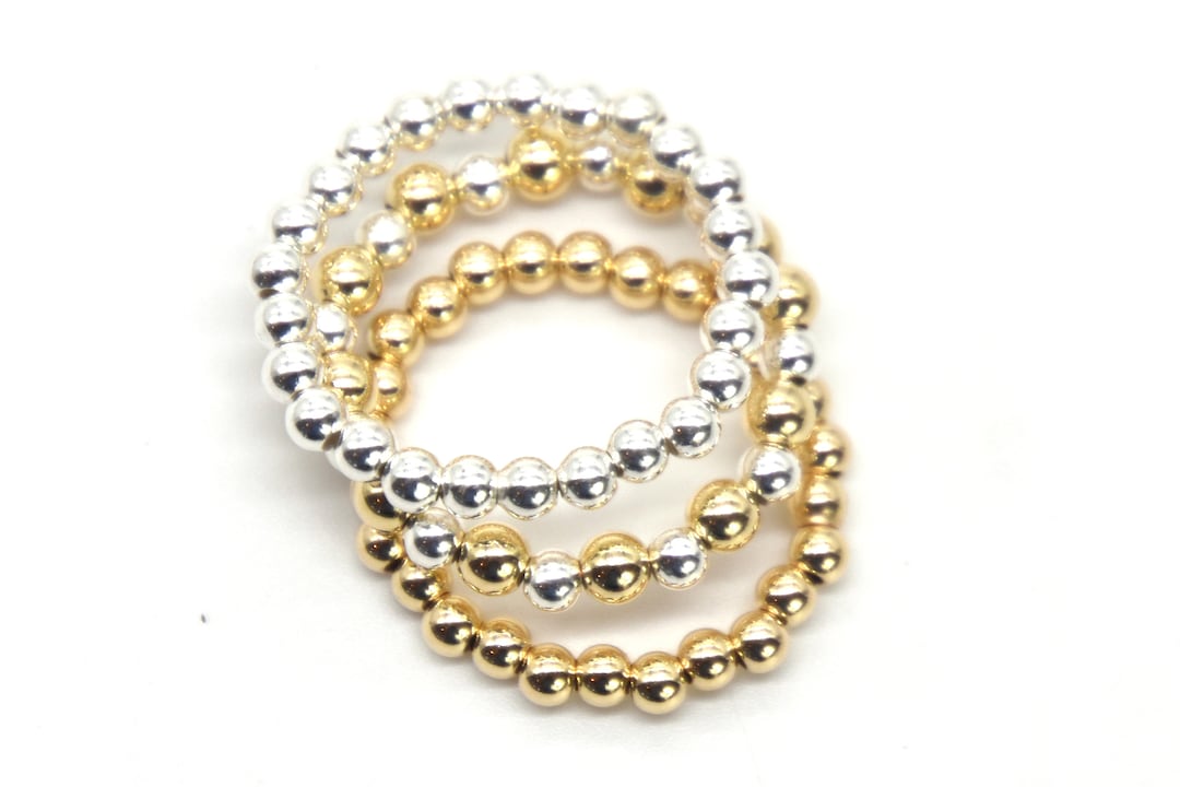 Dainty Ring Stack • Sterling Silver Bead Ring • 14k Gold Filled Beaded ...