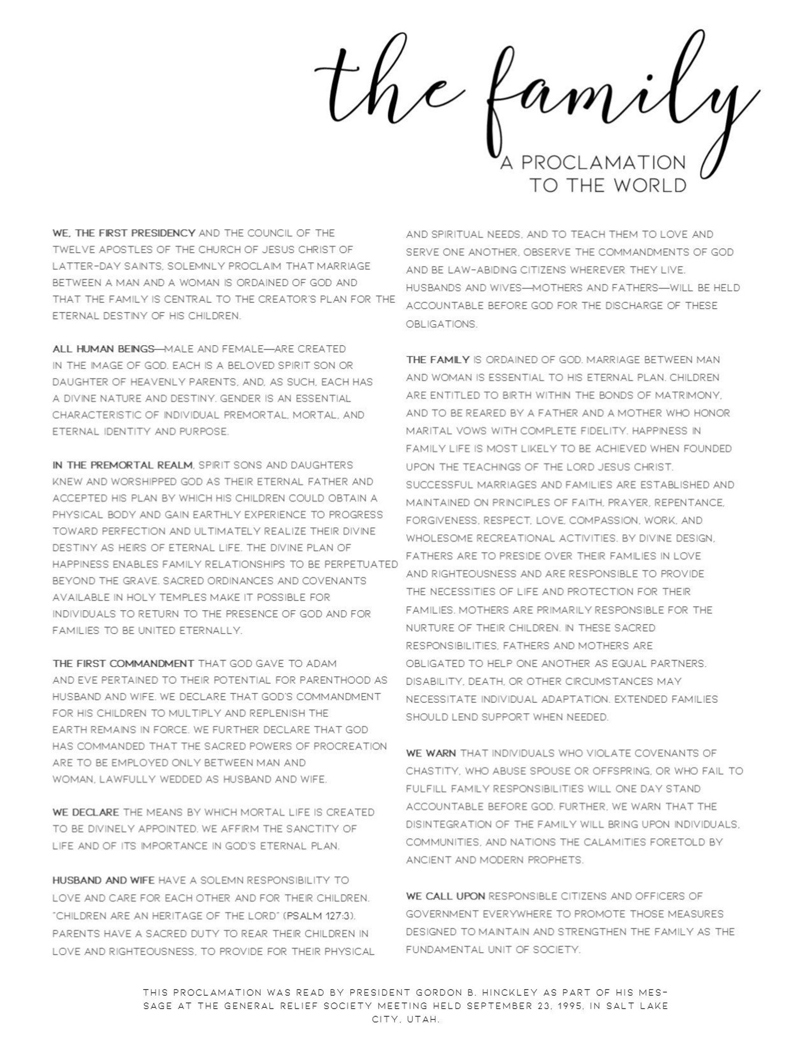 Family Proclamation LDS Printable Calligraphy Proclamation to the World ...