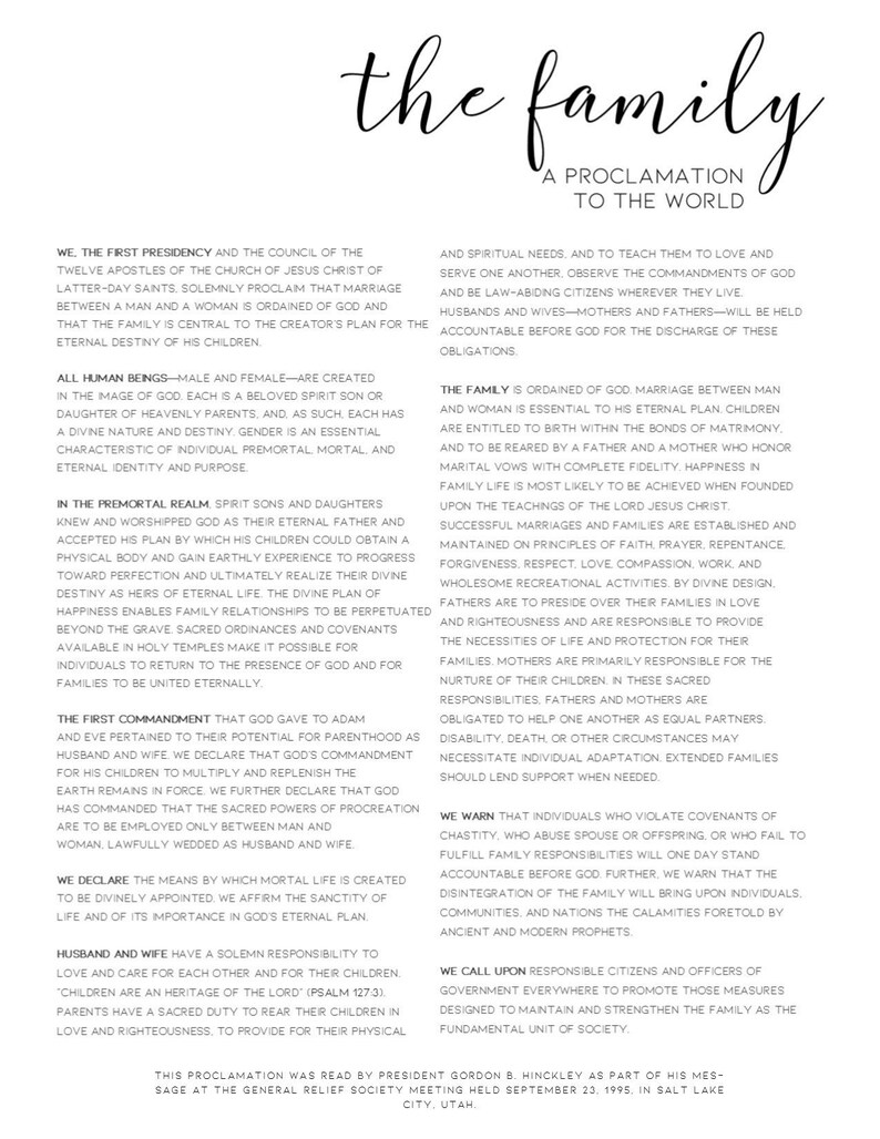 Family Proclamation LDS Printable Calligraphy Proclamation to the World ...
