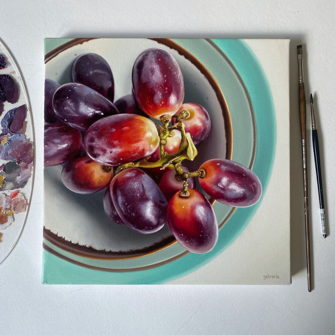 The Glow Grapes Original Oil Painting Realistic Food Art Grapes Still Life Hyperrealism Plate of ...