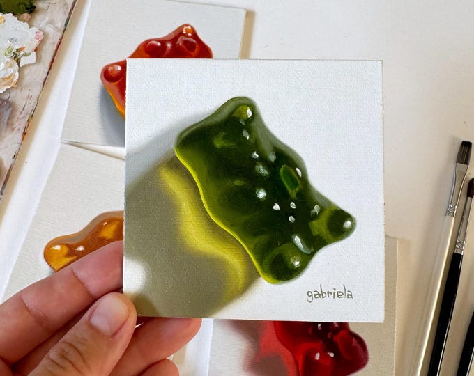 Green Gummy Bear - Candy Original Oil Painting - Food Miniature ...