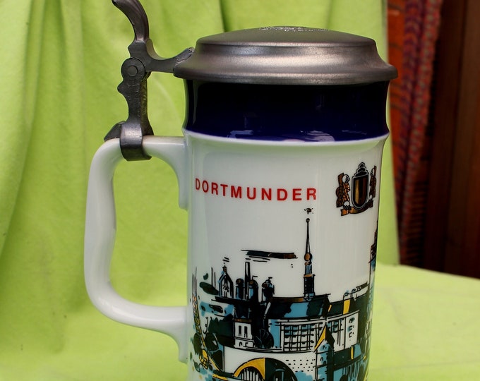 Beer Mug With Tin Lid, Dortmunder Union, Porcelain Mug With Tin Outfit ...