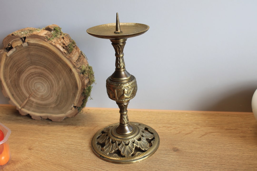 Candlestick, Antique Brass Candle Holder With Mining Motifs, Single-arm ...