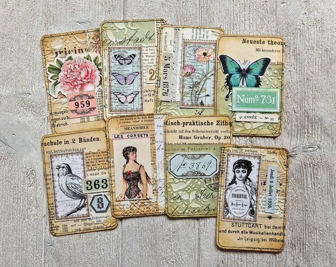 8 X Handmade Junk Journal Collage Tags Butterfly, Junk Journal Cards ...