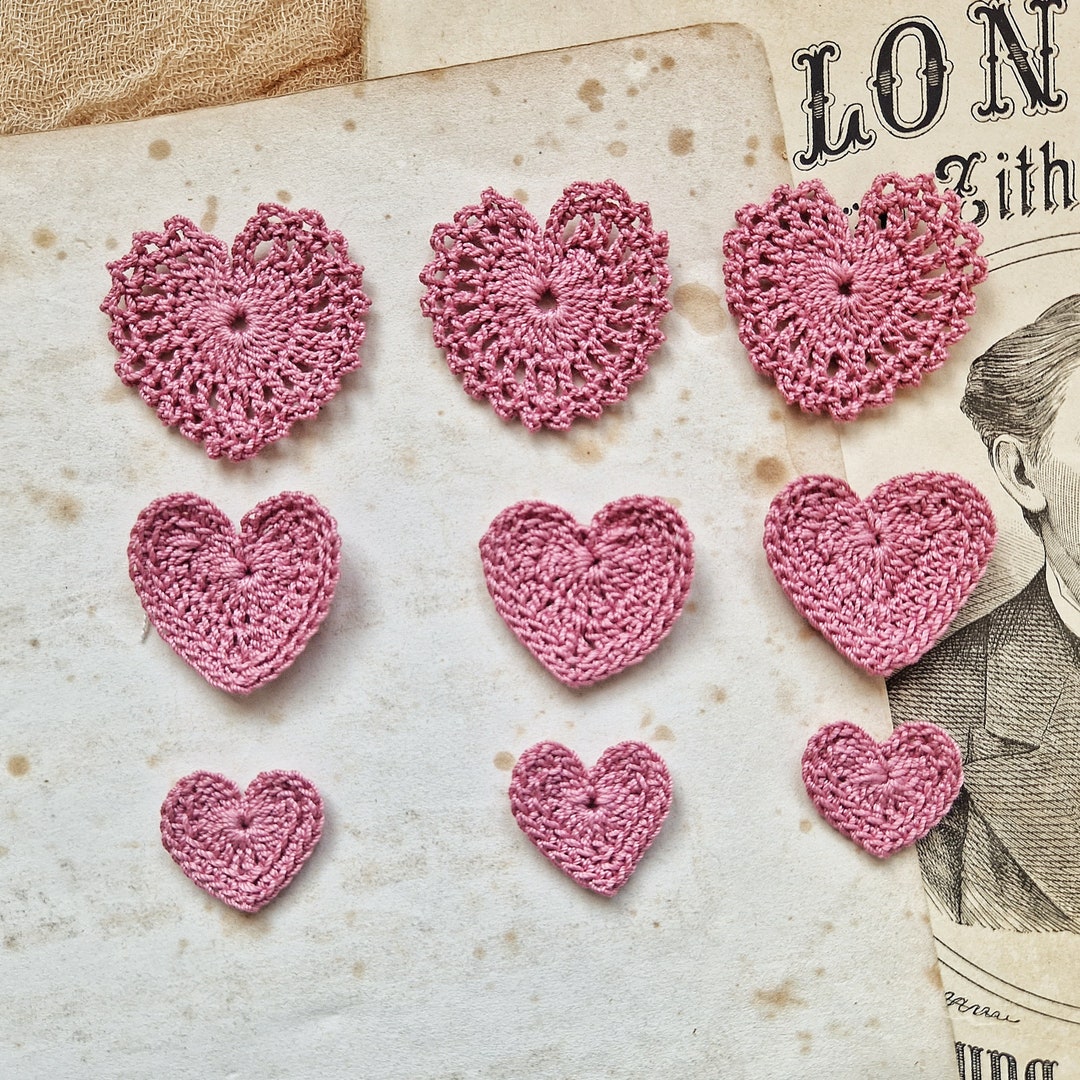 Setof 3 Crochet Hearts Dark Rose Color, Crochet Applique, Junk Journal ...