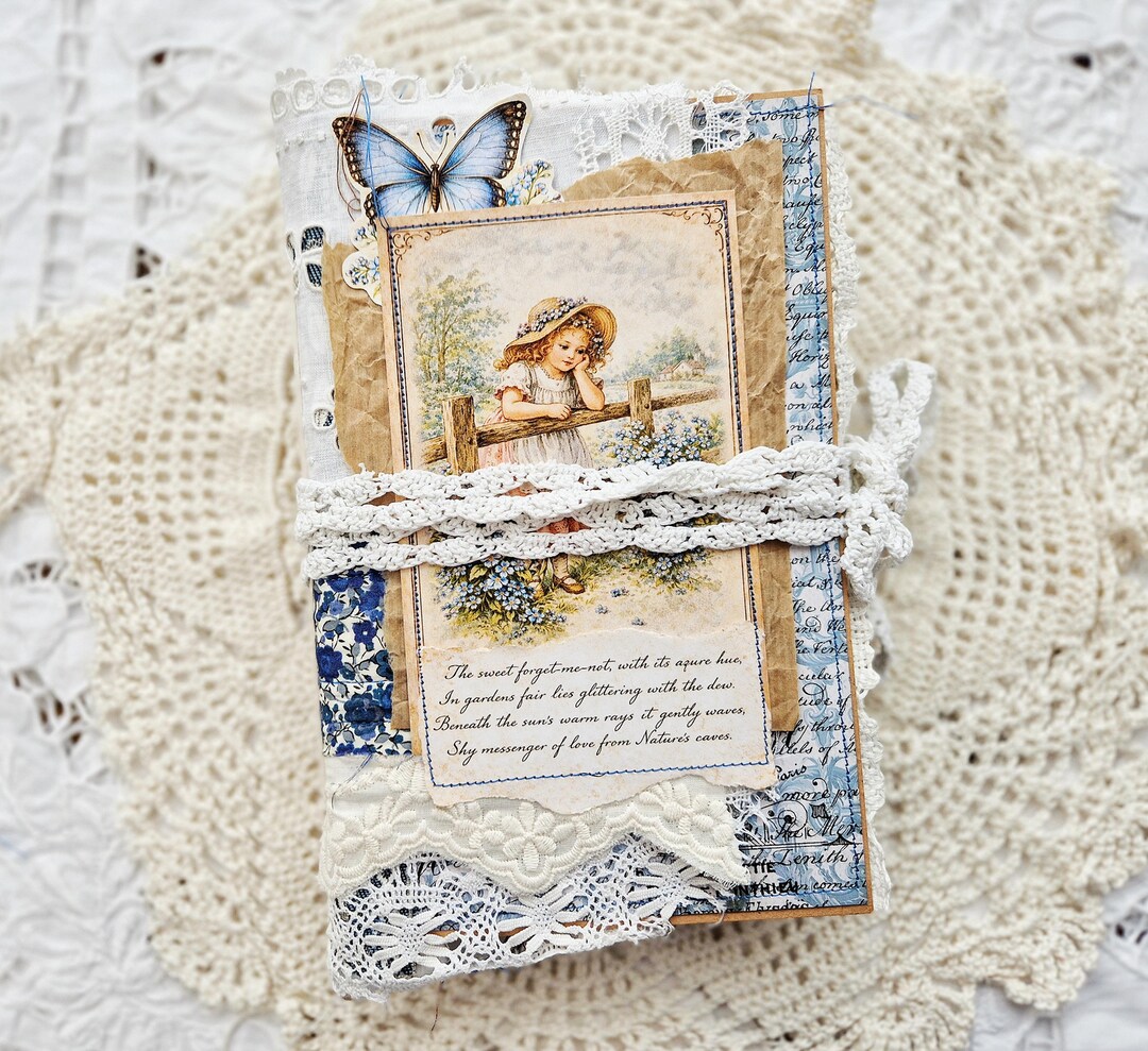 Forget Me Not Junk Journal Vintage Handmade Lace Blue Floral Memory ...