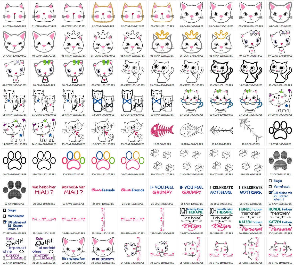 Cat Embroidery Designs, 90 Files From 10x10, Doodle, Satin Border ...