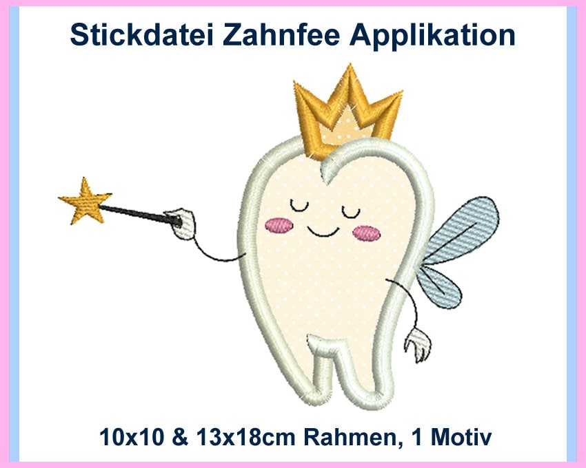 Stickdatei Zahnfee Einzeldatei Zahn Fee Applikation RockQueenEmbroidery ...