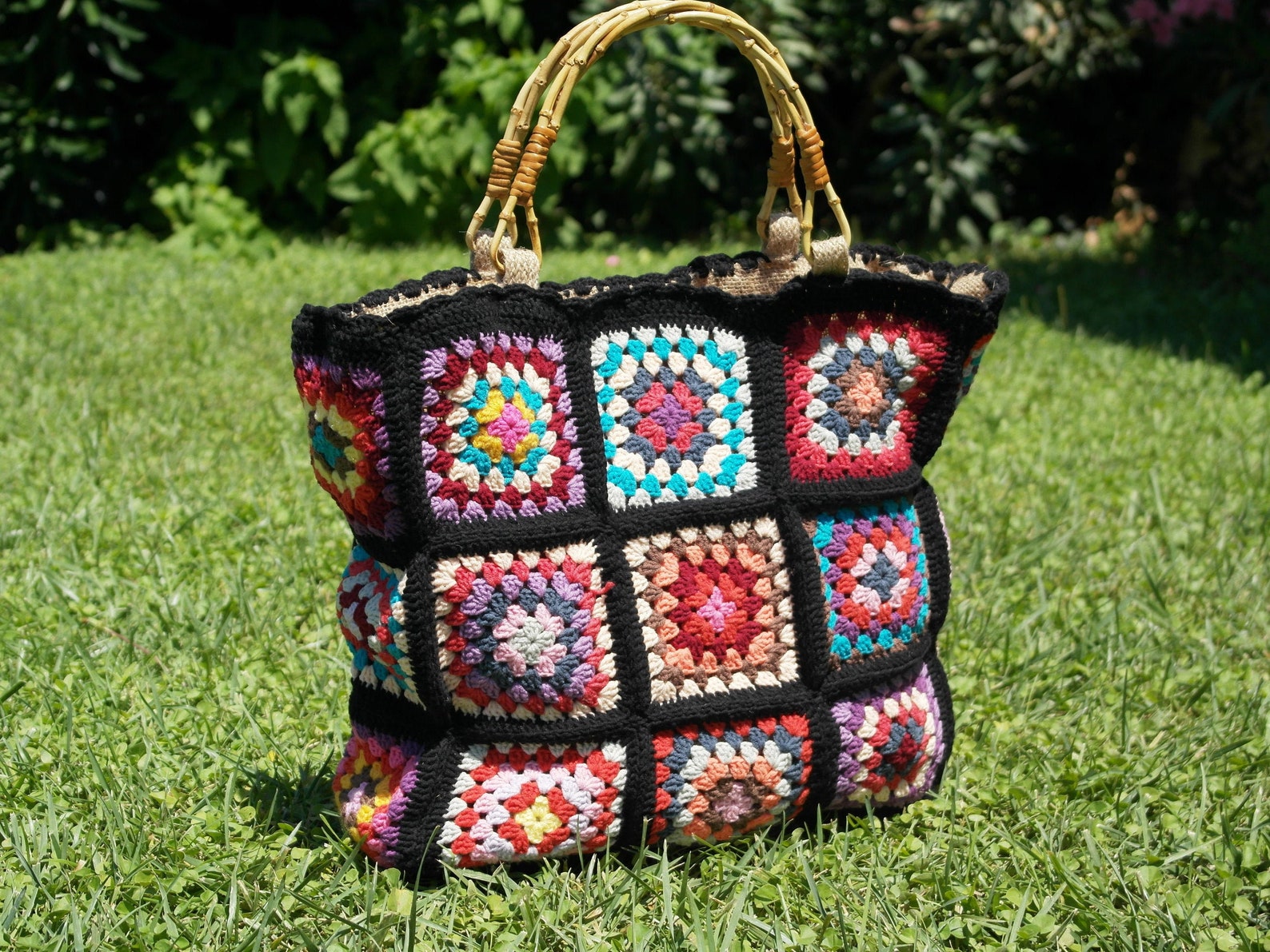 Bamboo Handle Crochet Bag, Granny Square Tote Bag, Colorful Crochet ...