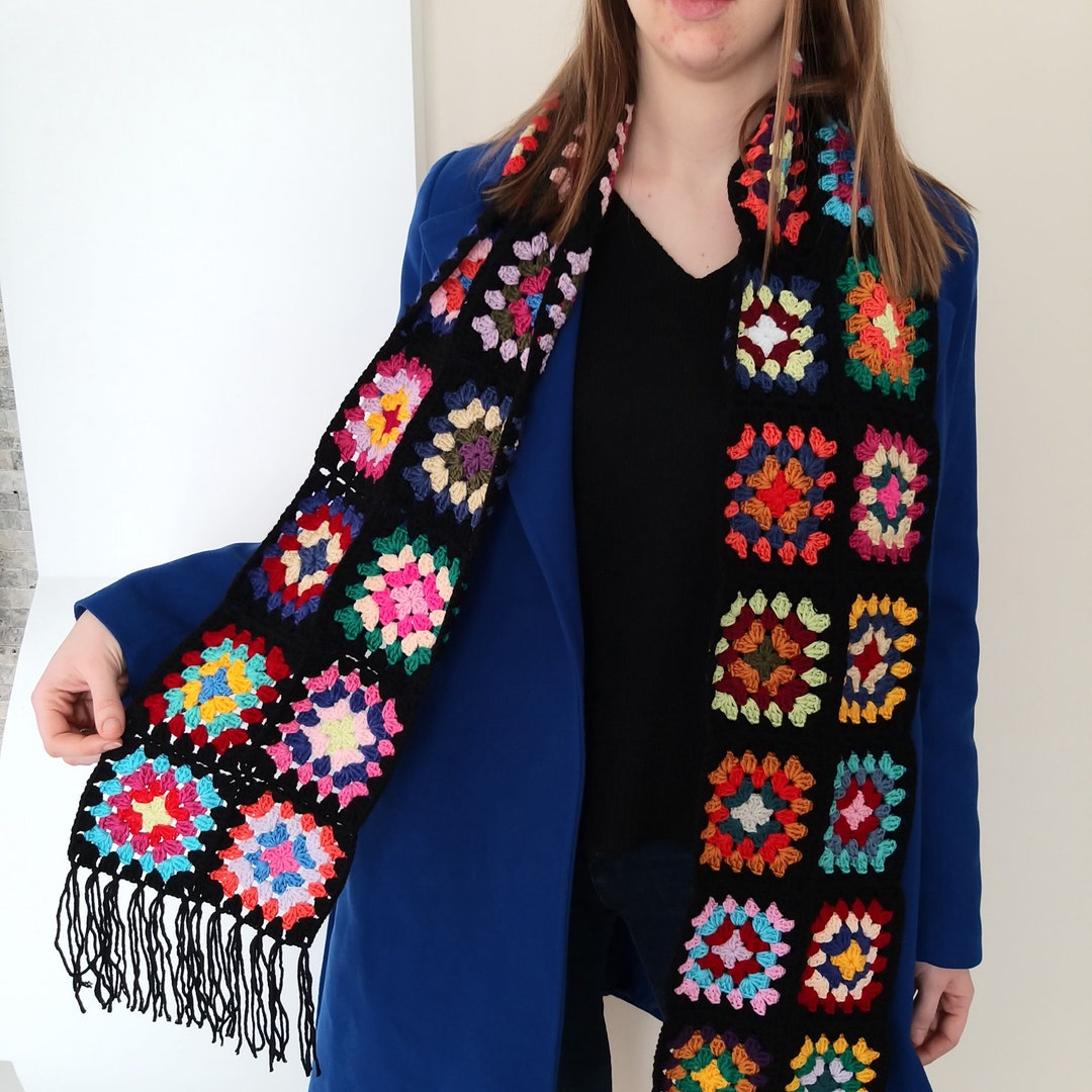 Crochet Granny Square Scarf, Handmade Scaft, Hippie Scarf, Knit Long ...
