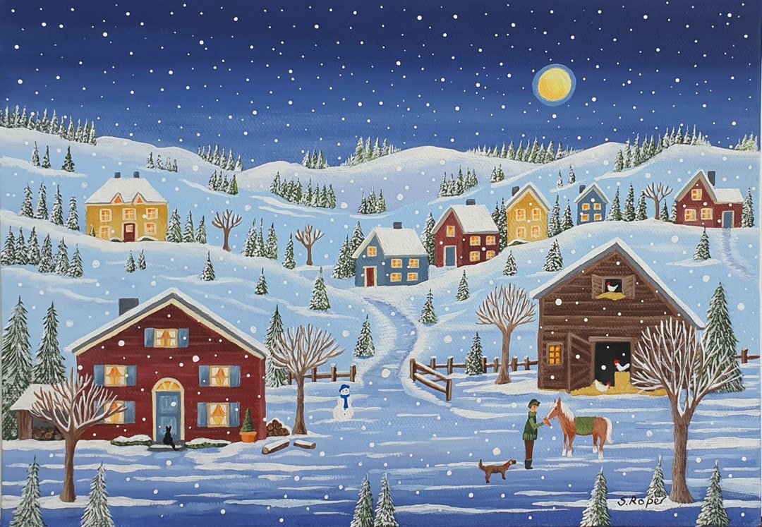 Print: Folk Art 'A Winter's Evening on the Farm' - Etsy