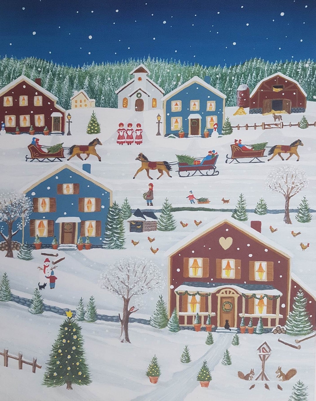 Print: Folk Art christmas Tree Cottage - Etsy