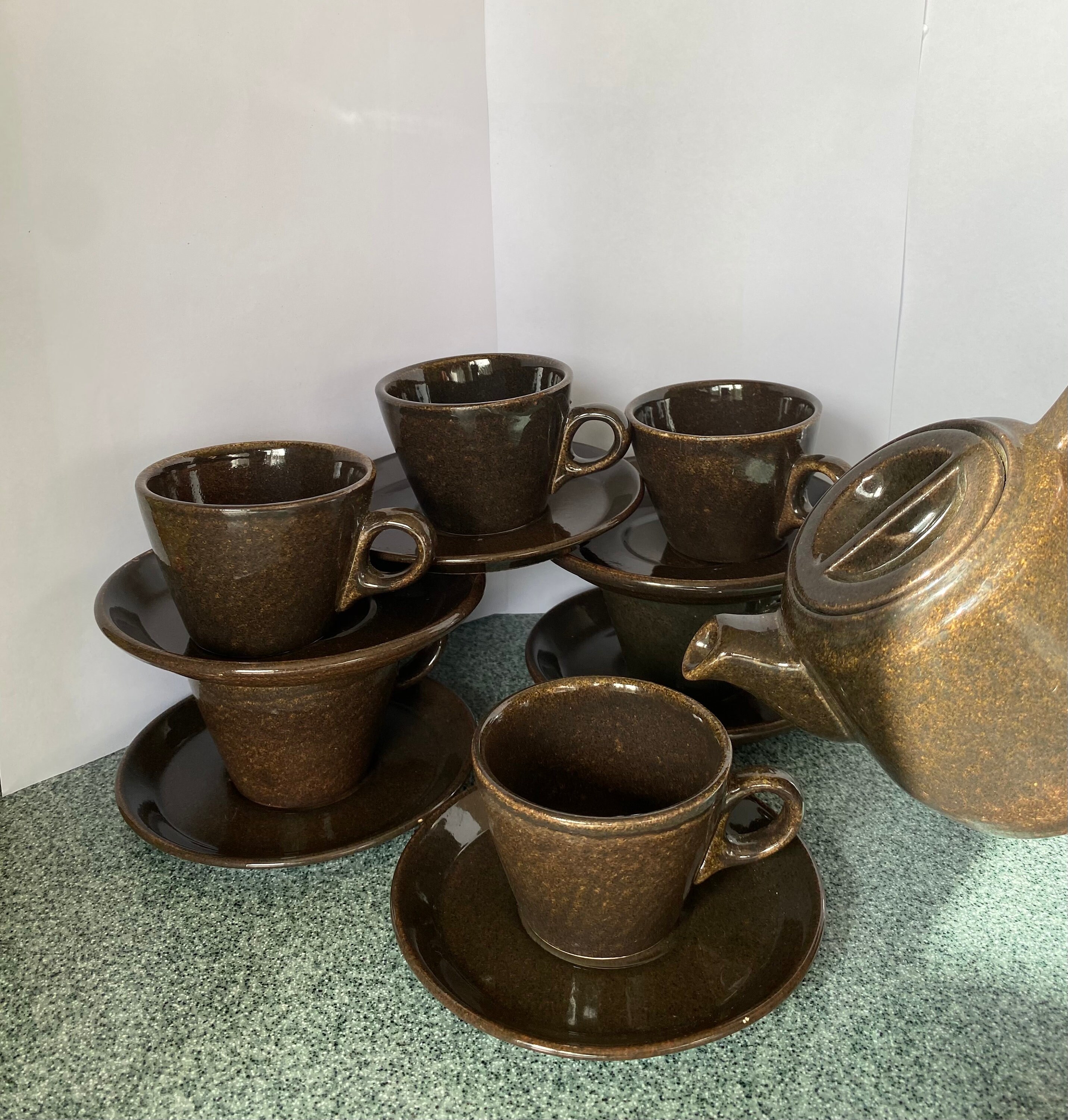 Vintage Miniature Handmade Pottery Tea Set, Brown Tea Set, Pottery Tea ...