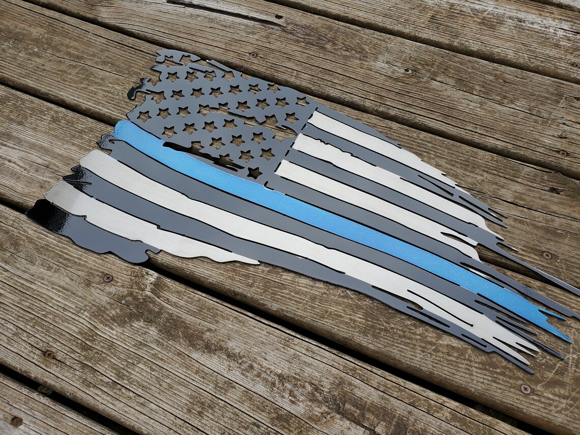 US Tattered Flag W/ Blue Stripe 24x12 Police - Etsy
