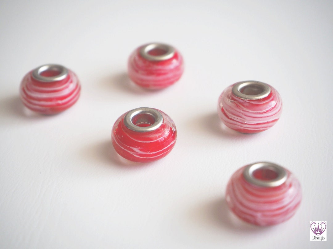 5x Beads Module Beads / Red With White Pattern / Glass Large Hole Beads ...